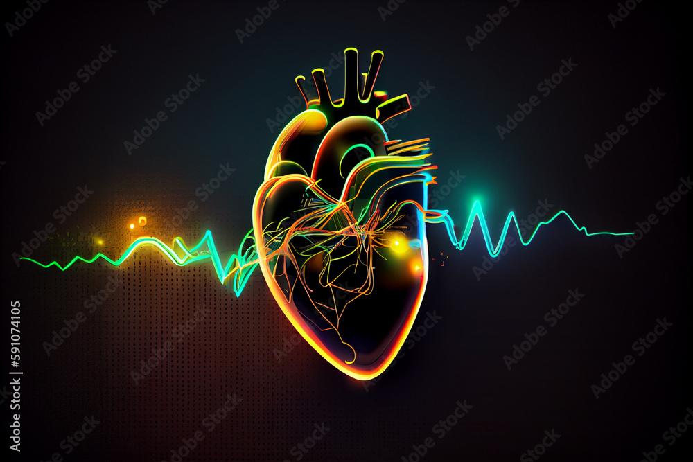 Neon glow heart and pulse line symbol on white background, healthy ...