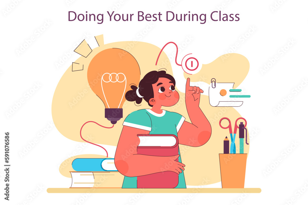 School education. Little girl doing her best in a classroom and ...