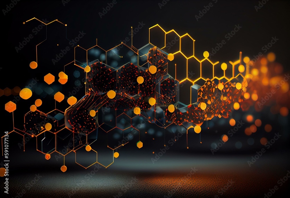 Digital style hexagon wave with dots and lines background. Abstract modern structure of network ...