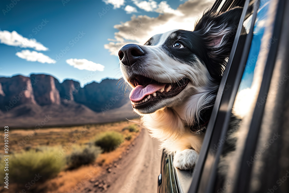 Dog Hanging Out Of Car Window Enjoying The Breeze - Generative AI Stock ...