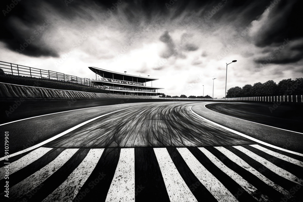 black and white illustration, section of a race track, sharp right turn ...