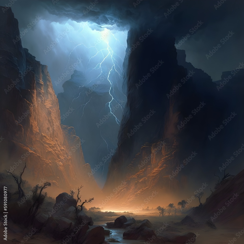 Raging massive lightning storm in a canyon By Caspar David Friedrich ...
