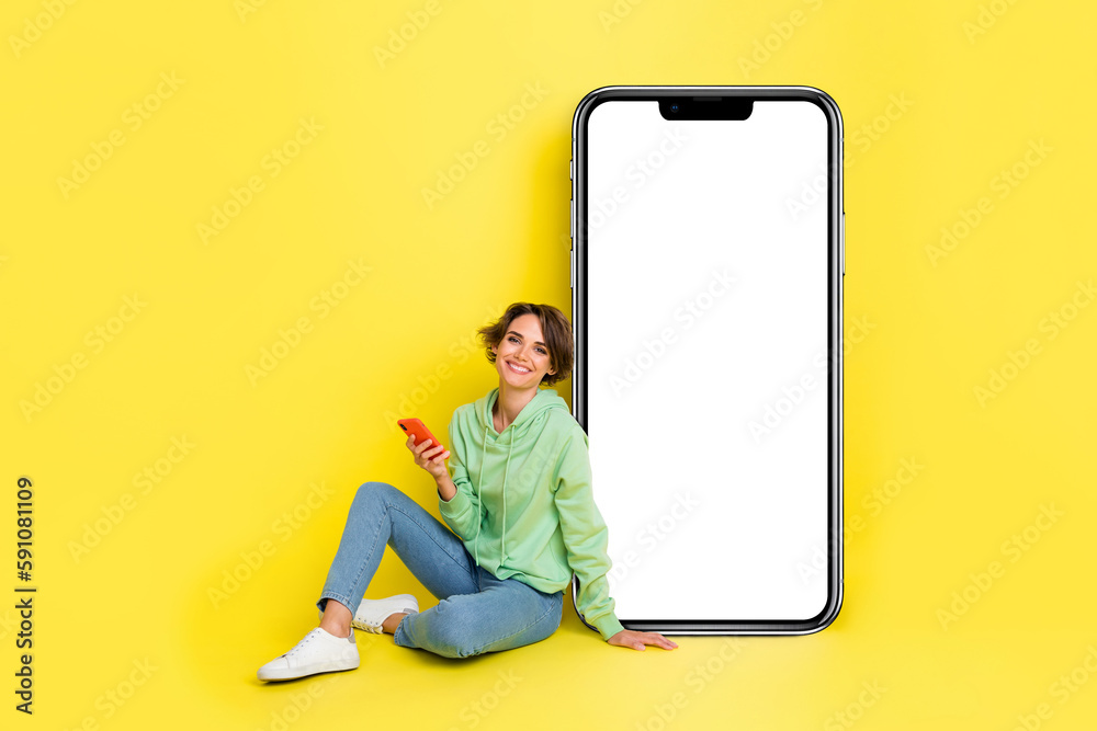 Full length photo of sweet pretty lady wear green hoodie twitter ...