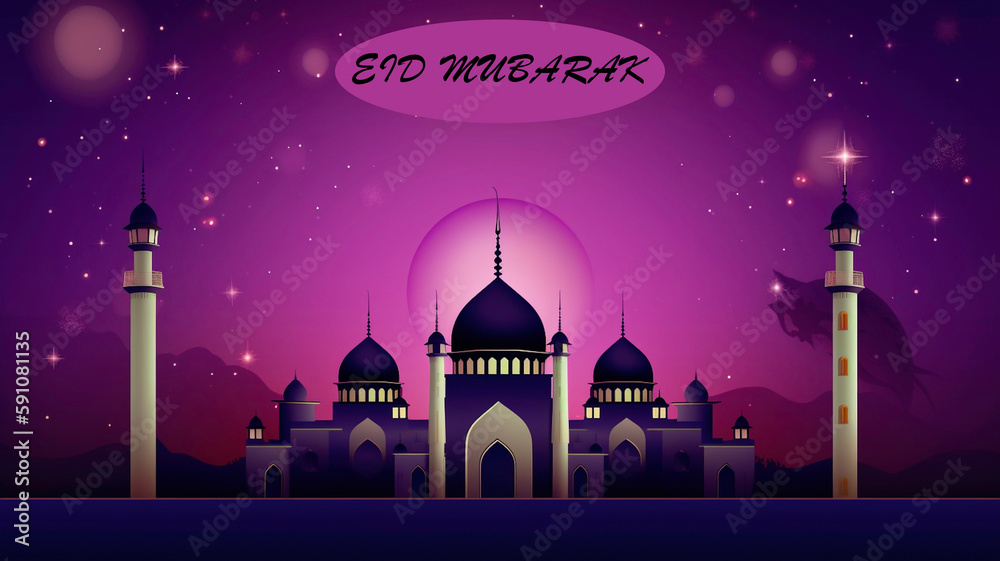 Eid Mubarak grettings on a purple background with a beautiful mosque ...