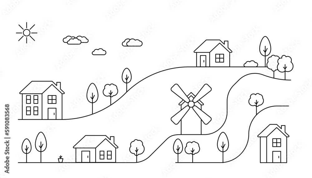Houses and mill in village on hill, line art. Landscape and residential ...