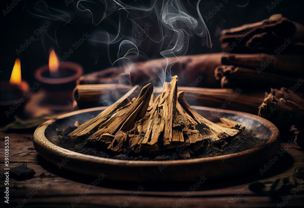 Palo Santo wood known as oily aromatic holy wood sticks smouldering on ...