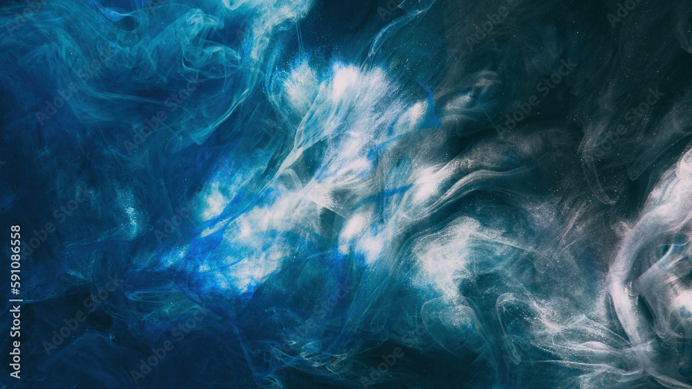 Glitter mist. Paint water splash. Magic spell. Blue silver gray color ...