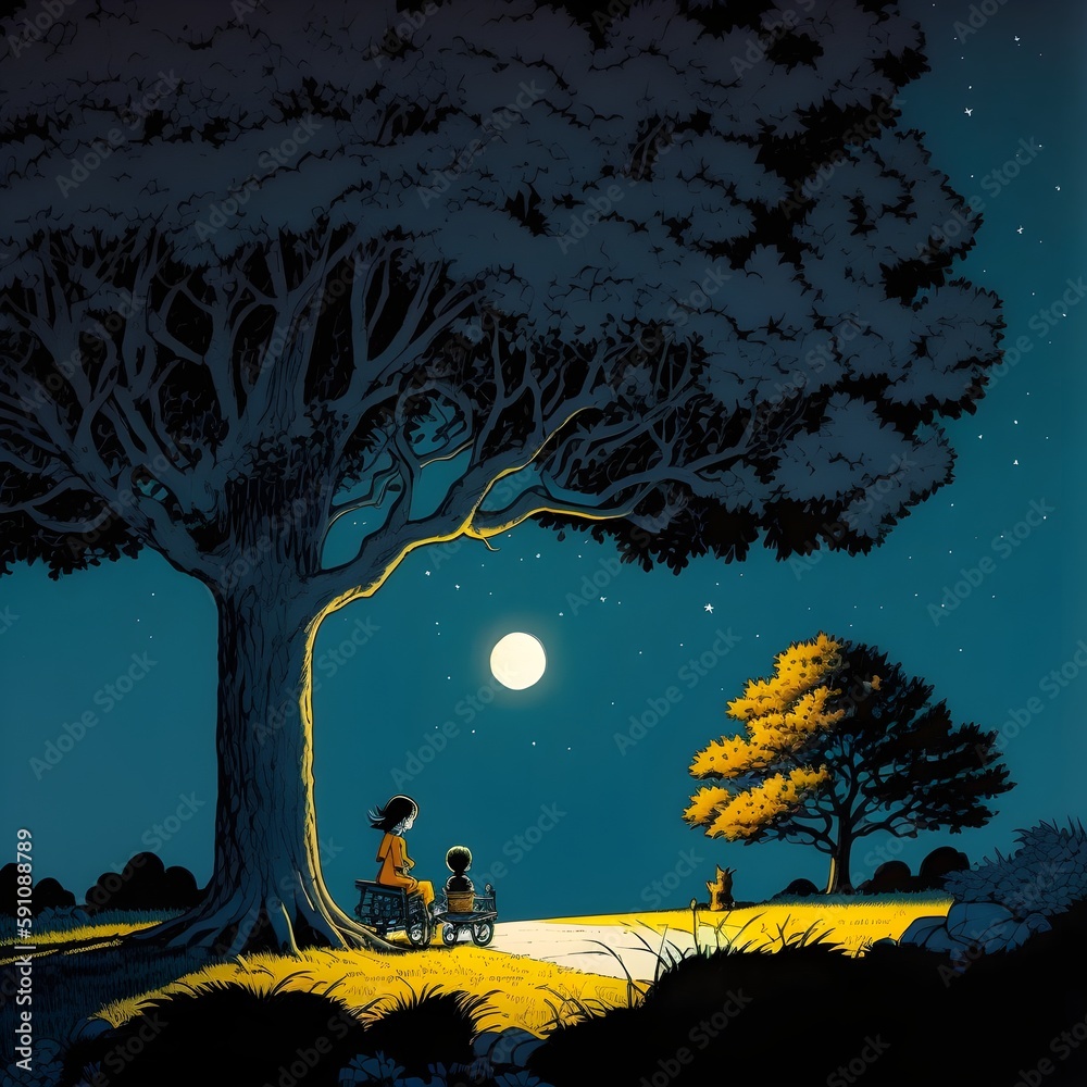 childrens book illustration by Herg a tree a stroller a little girl sit ...