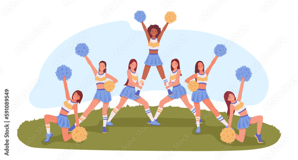 Set of cartoon characters of young women supporting sports team ...