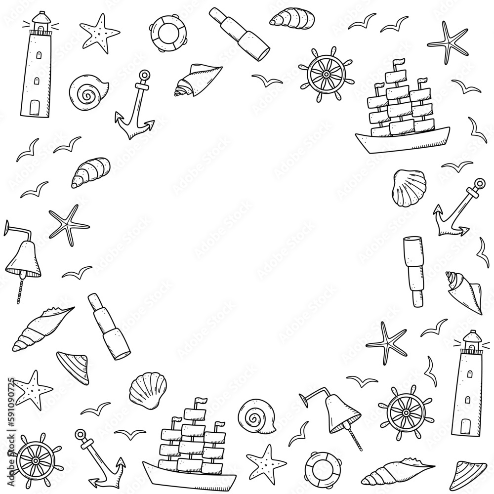 Sea set of elements, doodle icons of sea life. Ship telescope shells ...