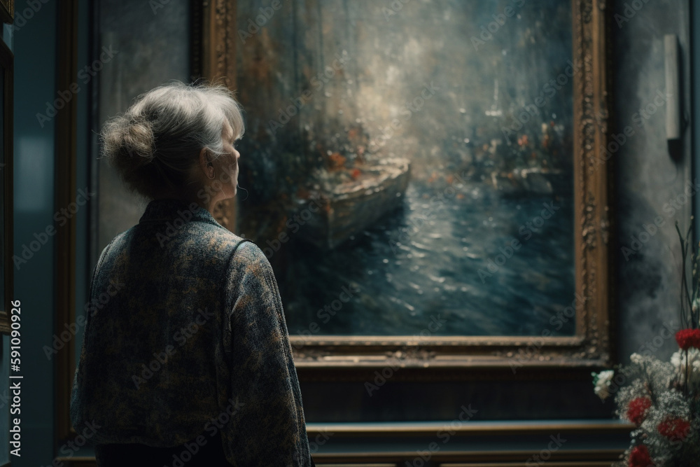 In the museum, a woman stand before a painting of exquisite visual ...