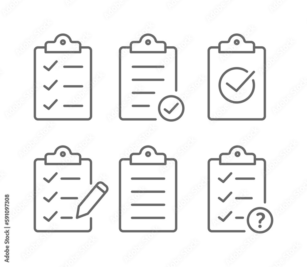 Clipboard symbol set. Checklist on the clipboard. Checkmarks line icons ...