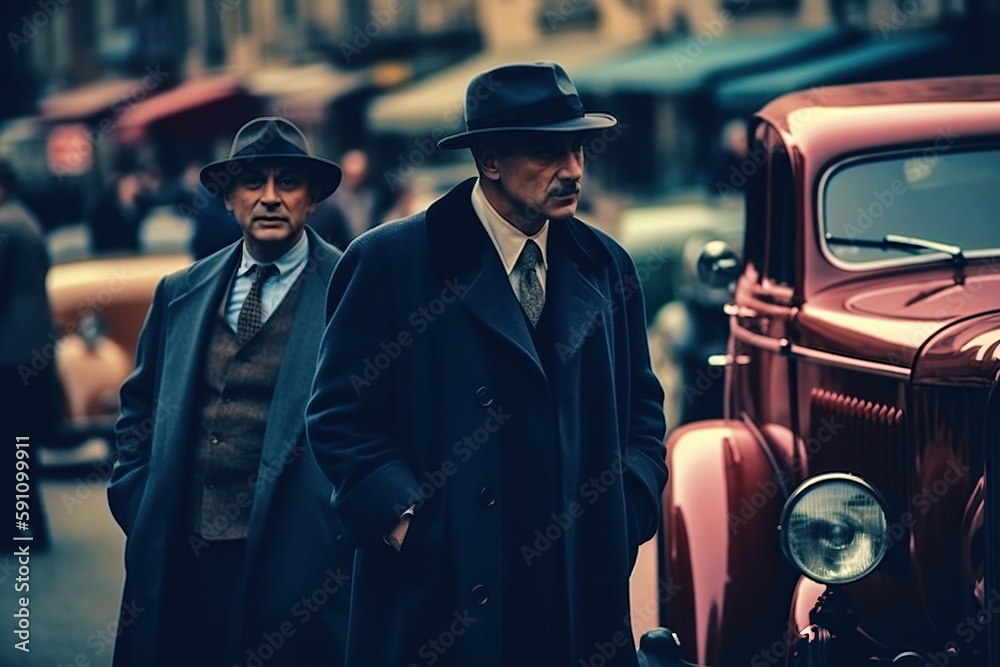 Mafia people in suits with cars. Ai. Retro vintage gangsters Stock ...