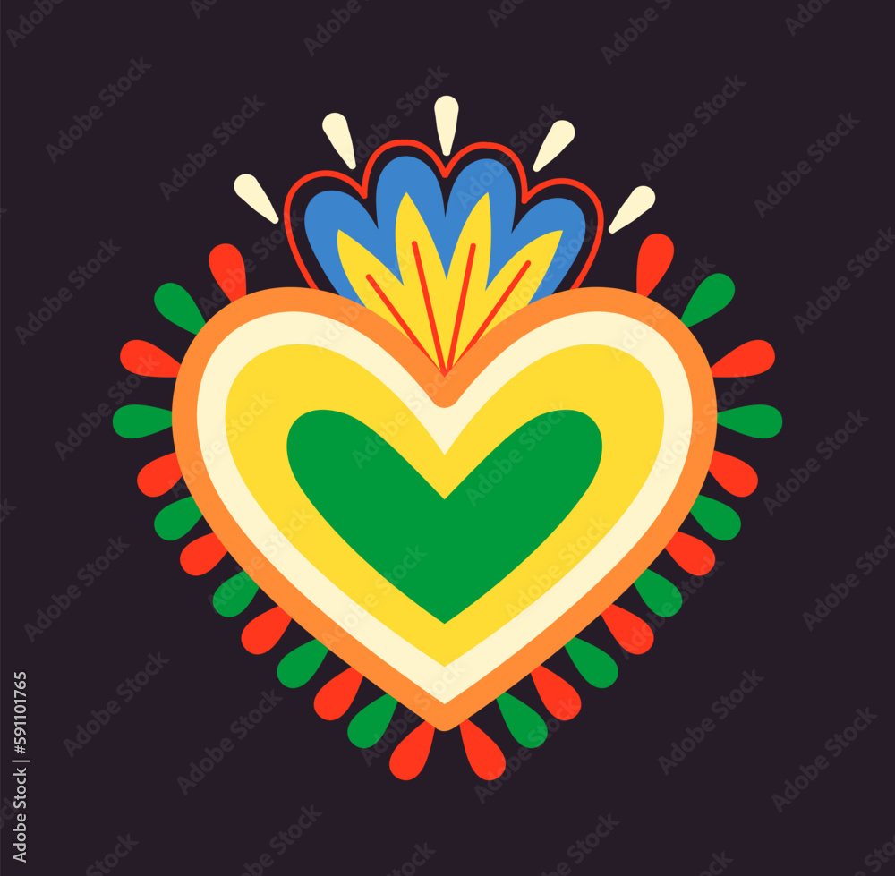 Mexican sacred heart. Patch with flame or fire. Ornament and decoration ...