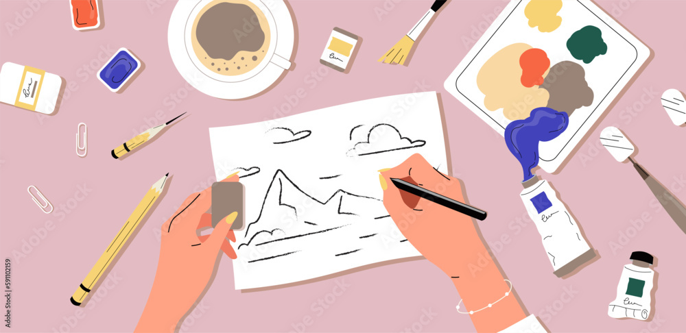 Painter drawing picture. Top view of womans hands drawing sketch with ...