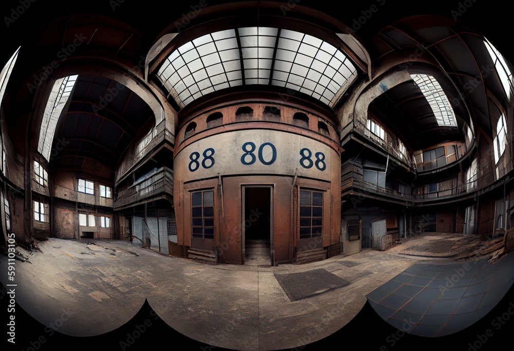 Full 360 degree equirectangular panorama hdri of dark industrial grunge ...