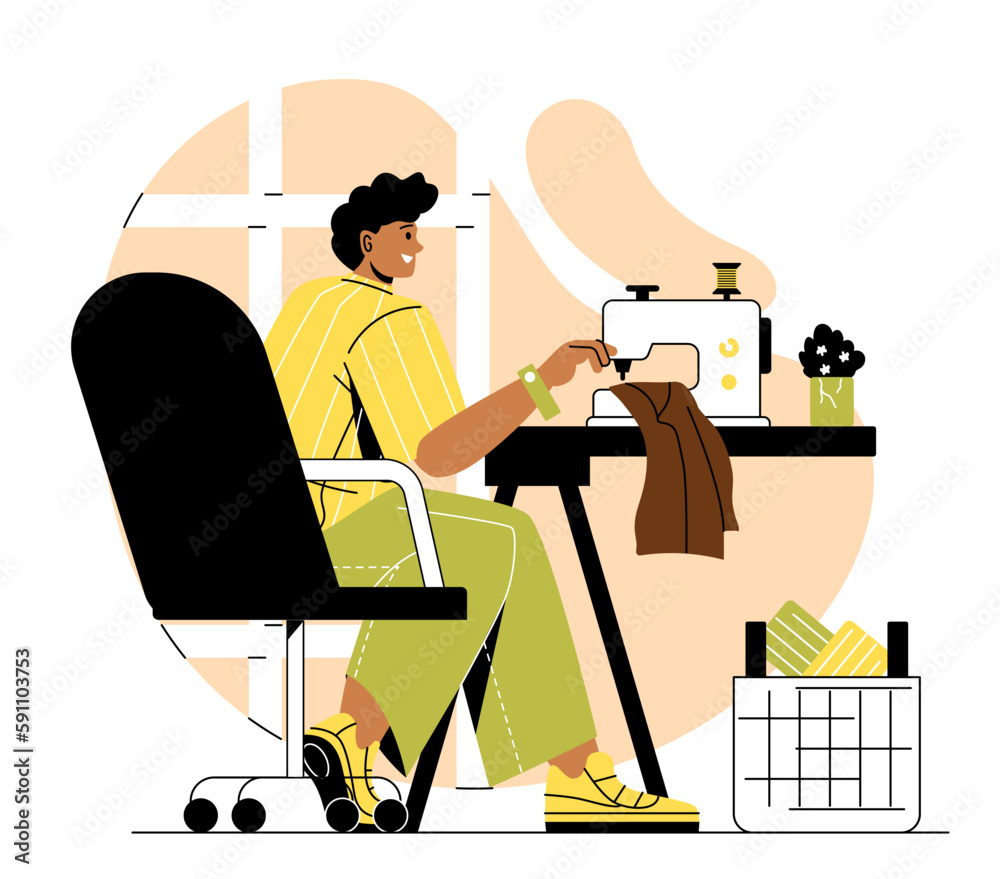 Seamstress at work. Man sits at workplace sits near sewing machine with ...