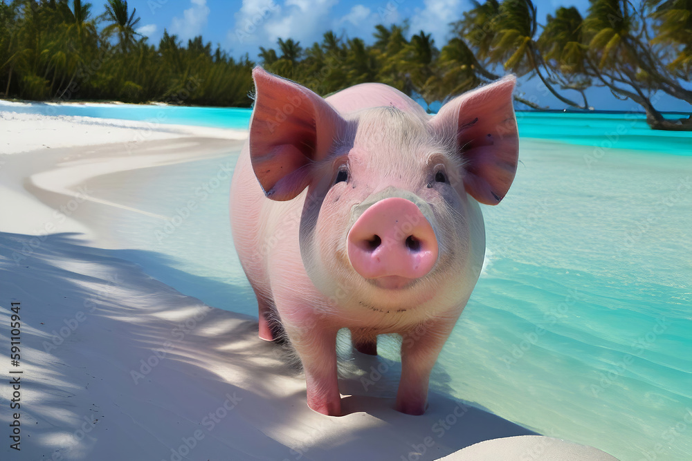 Floating tame pigs on a white sand beach. A trip to the Bahamas. Exuma ...