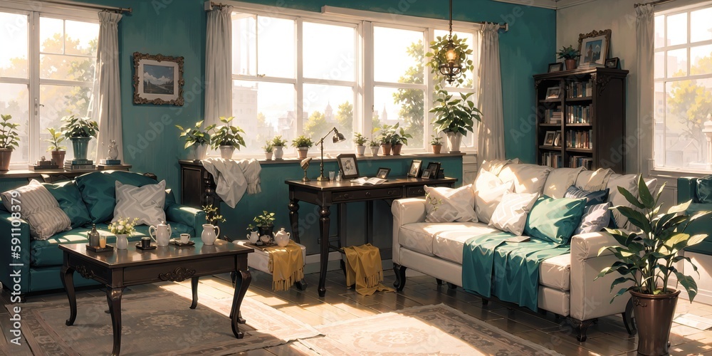 anime style background, interior of a living room, hotel room, home ...