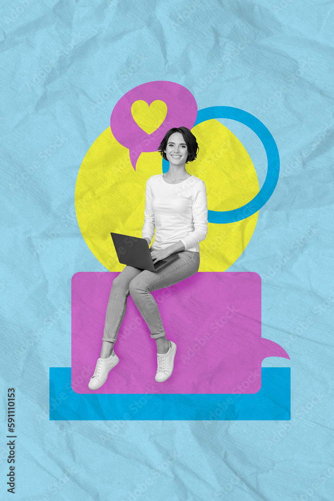 Vertical creative photo collage of cheerful girl sit on dialog cloud in ...