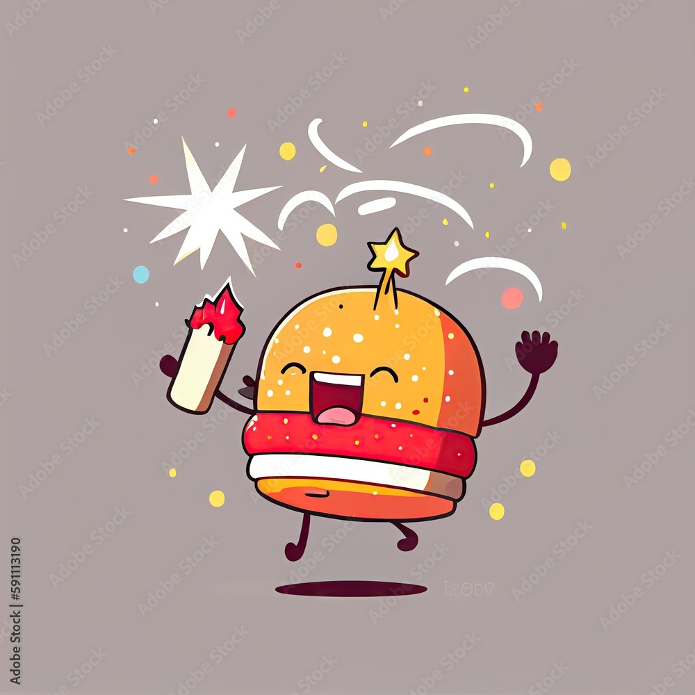 cute burger cartoon character clapping firecrackers, cartoon style ...