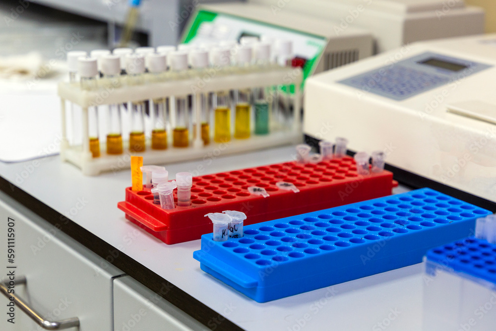 laboratory table with multi-colored reagent vials in the stand ...