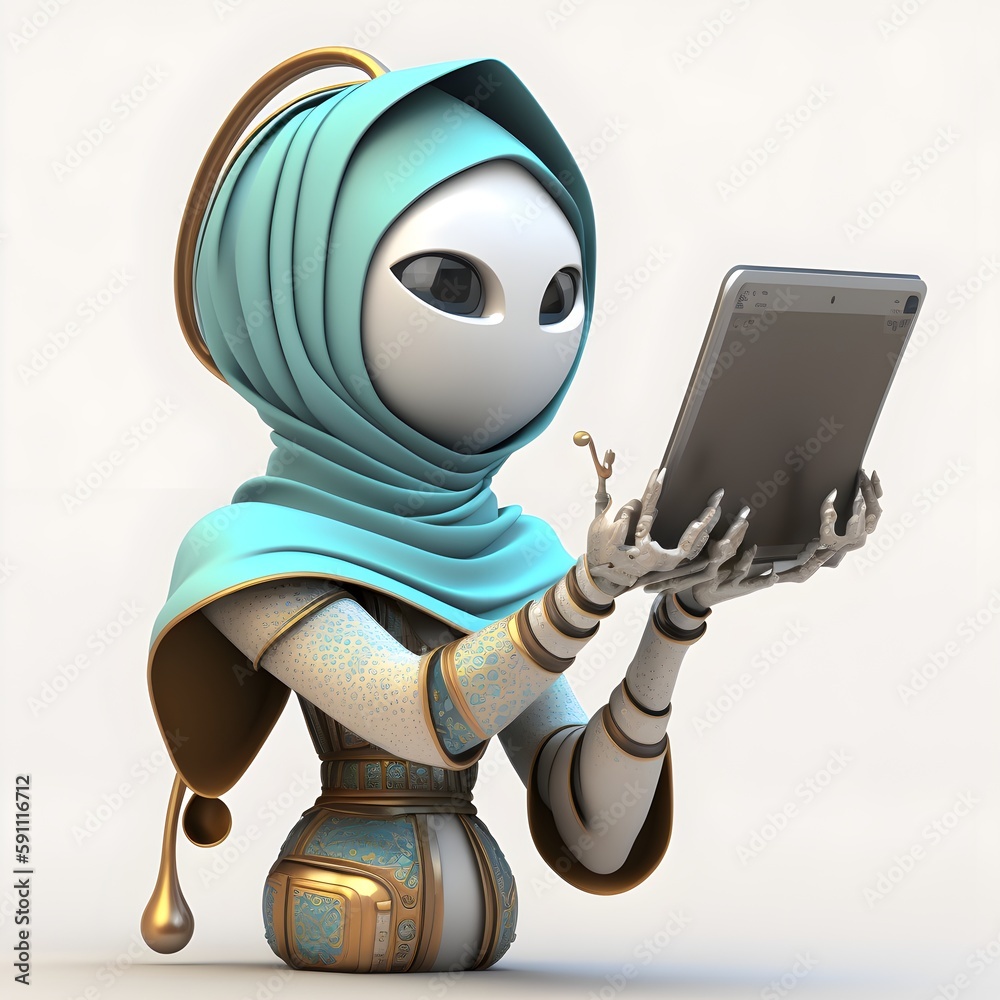 female genie bot butler 3d art with white blank background with iPad in ...