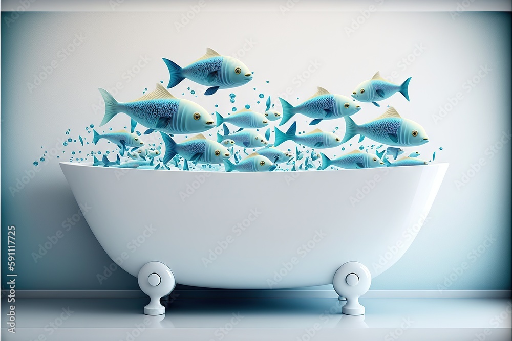 Beautiful blue fishes swimming in water in modern white bathtub ...