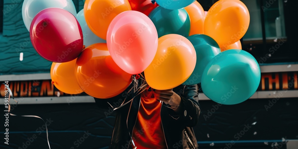 person holding handful of brightly colored balloons with vibrant scene ...