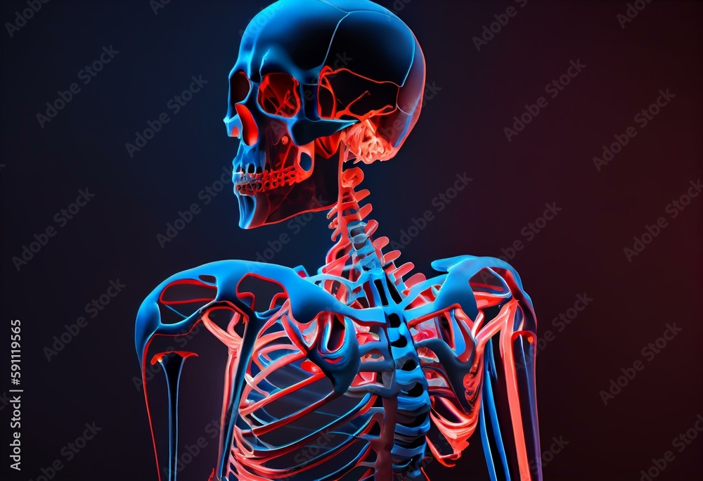 a skeleton with a highlighted back and neck highlighted in red and blue ...