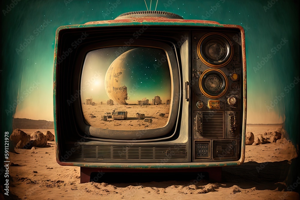 Outer space with planets and stars inside old TV set, created with ...