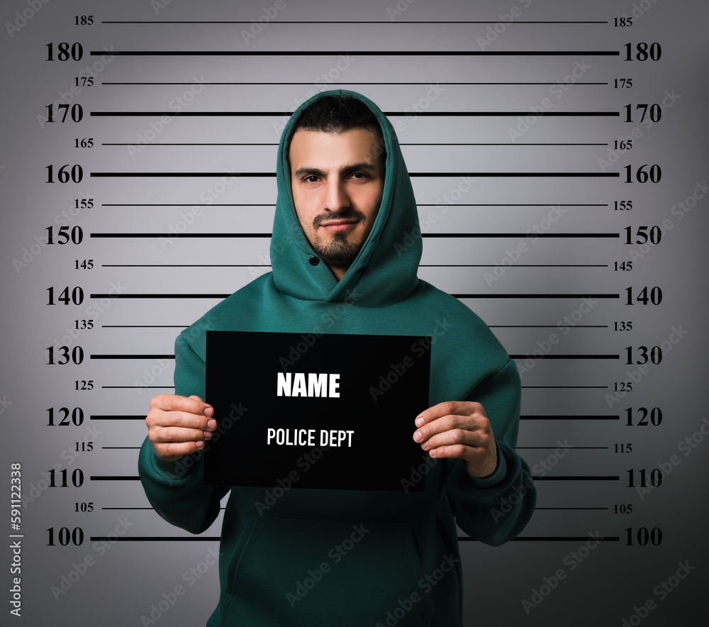 Criminal mugshot. Arrested man with blank card against height chart ...