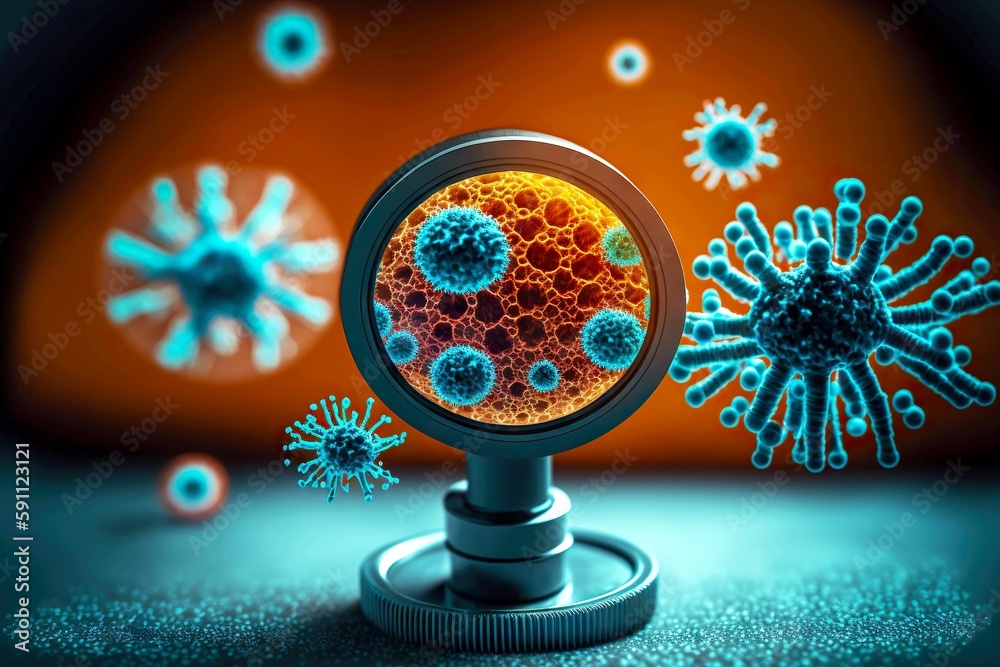 abstract viral s under microscope in biological laboratory. medical ...