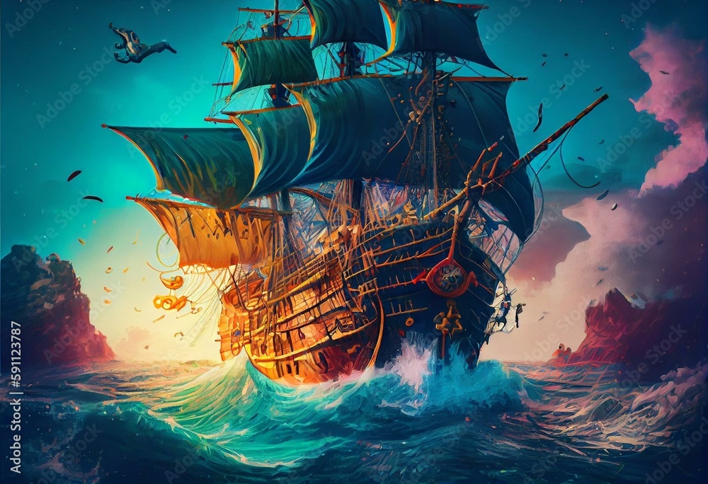painting of a pirate ship in the ocean, concept art with vivid color ...
