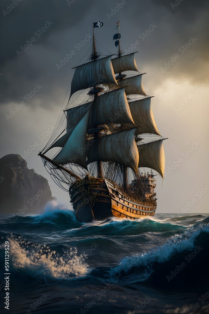 old small ship angled profile waves pirates of the Caribbean smooth ...