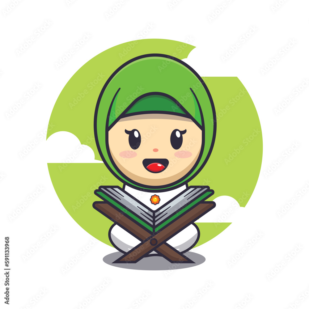 Cute girl reading Al Qur'an cartoon vector illustration. Ramadhan ...