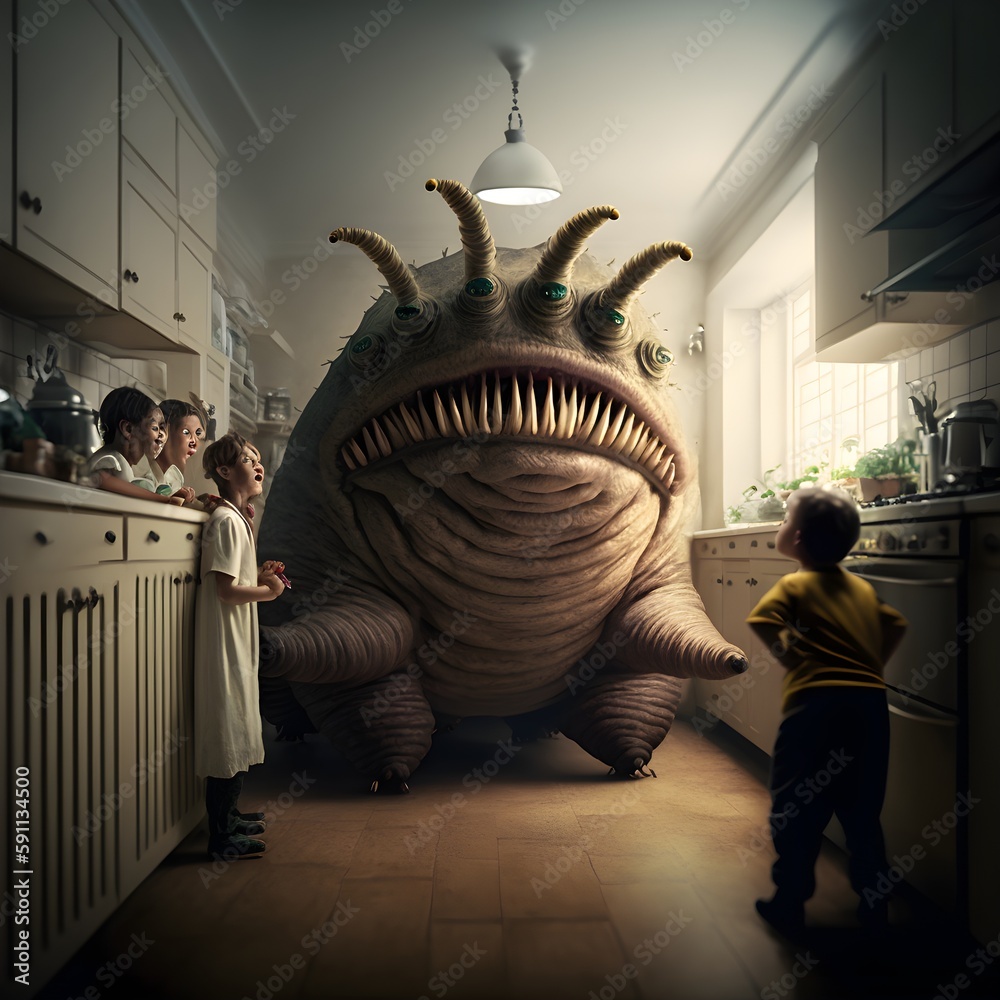 a giant multiheaded tubular slug monster with giant sharp teeth in a ...