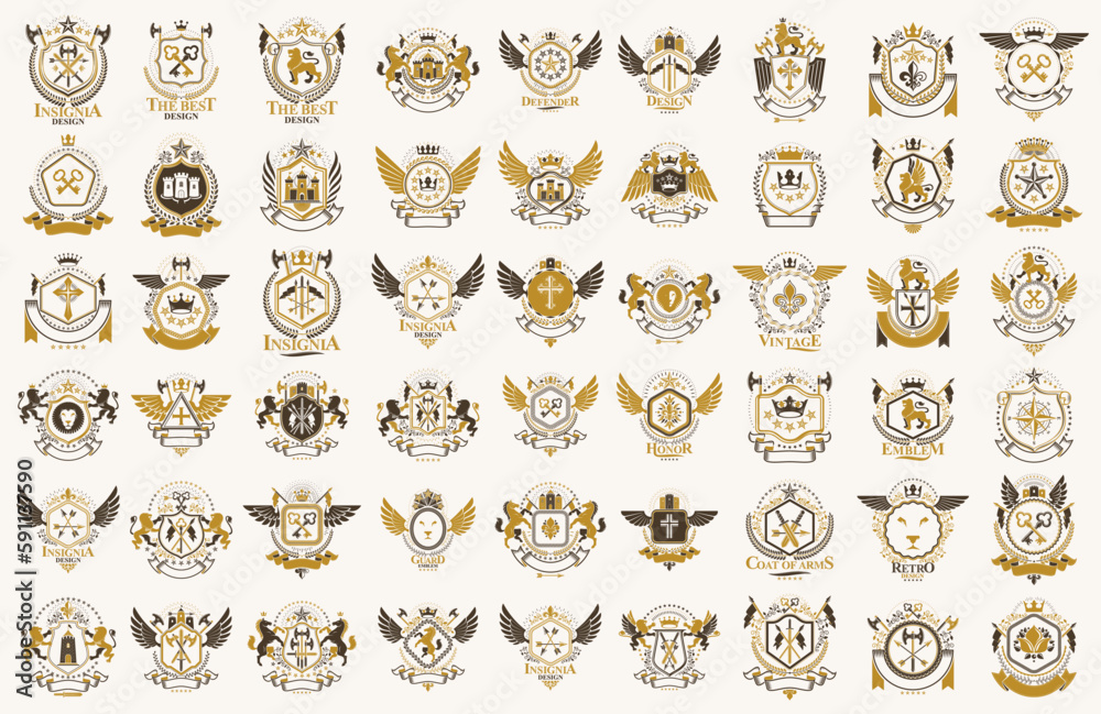Vetor de Classic style emblems big set, ancient heraldic symbols awards ...