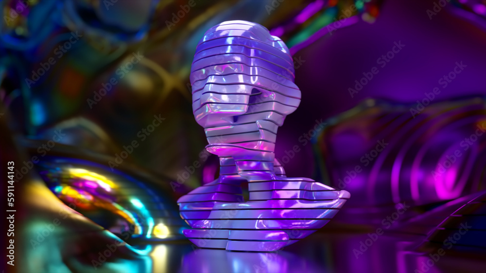 AI concept. Model of a human head with parts in the middle of a metal ...