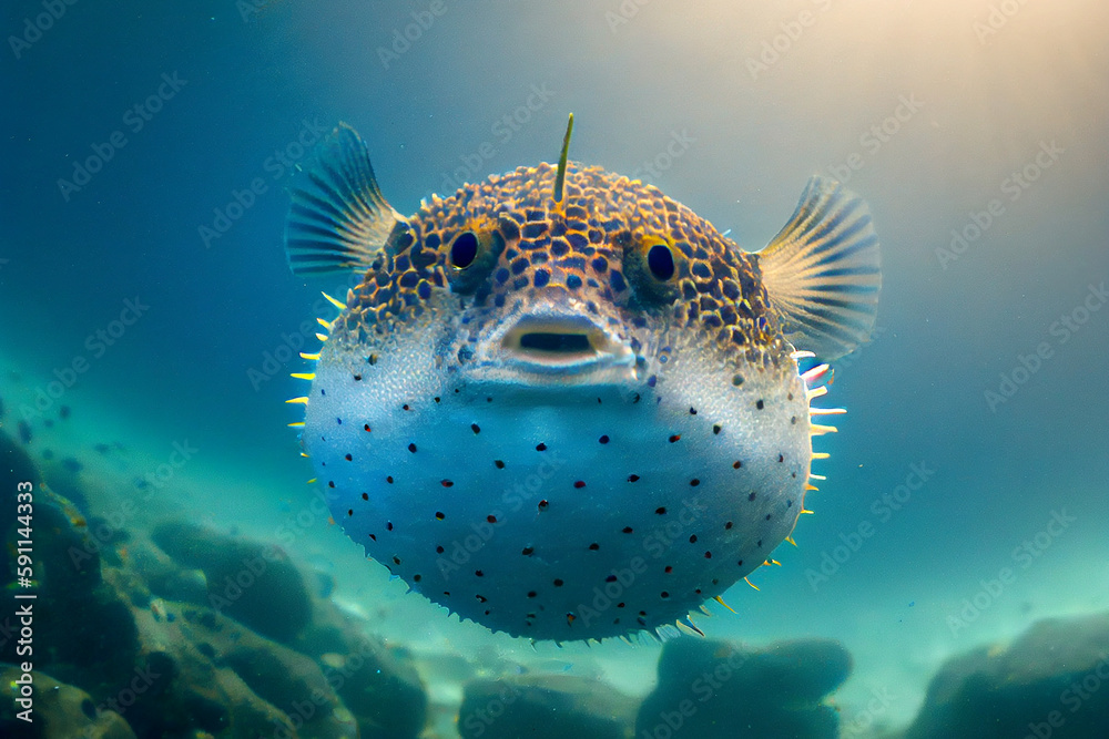 A cute and charming puffer fish, with its distinctive round shape and ...