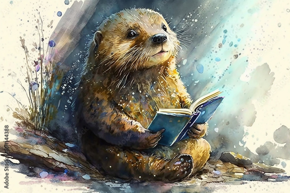 A watercolour painting of an otter reading a book. Illustration of ...