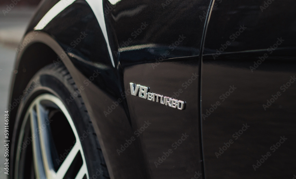 black Mercedes S-Class W221 logo v8 biturbo Stock Photo | Adobe Stock
