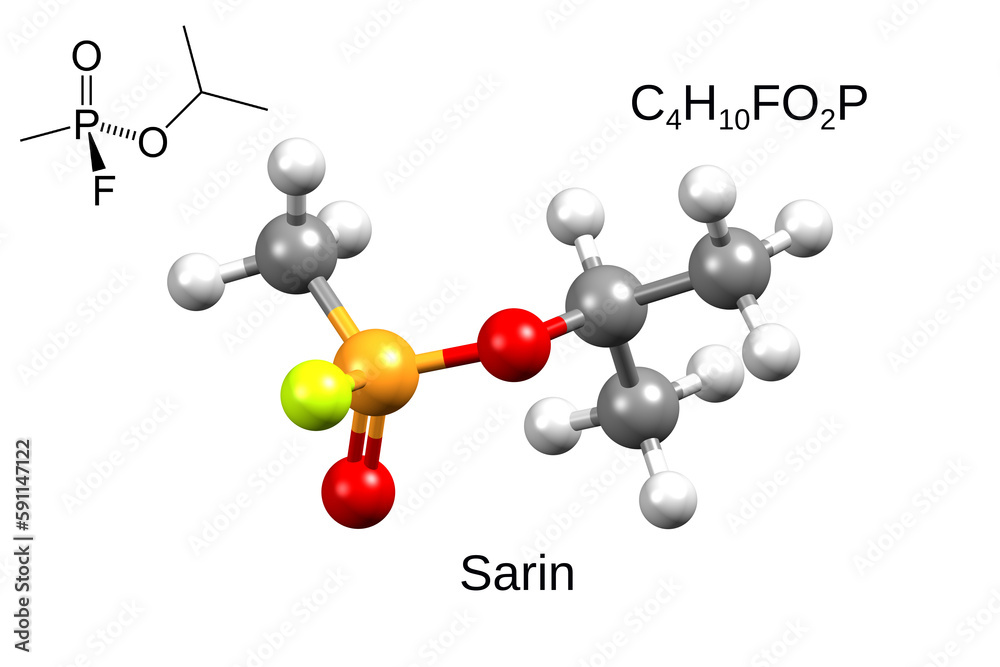 Chemical formula, skeletal formula and 3D ball-and-stick model of sarin ...