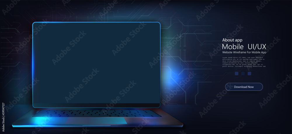 A portable neon computer with a blank screen and a desk in a dark room ...