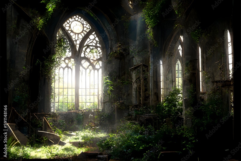The interior of an abandoned overgrown church crumbling stone ruins overgrown with varied plants ...
