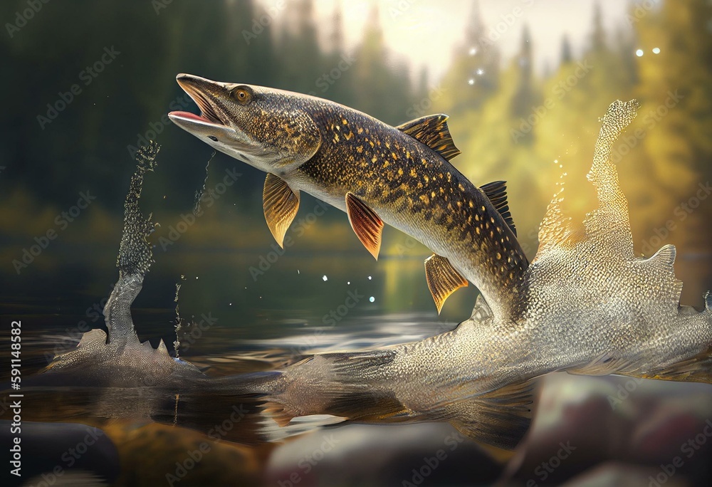 Northern Pike fish jumping in river halfwater view 3d realitstic render ...