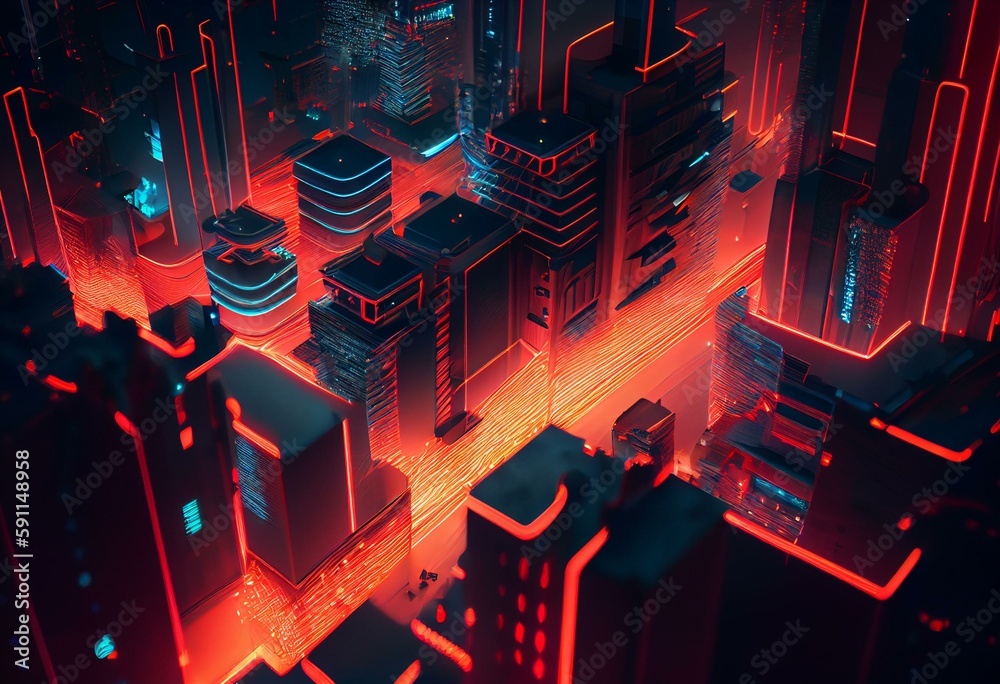 3d render, abstract neon city at night with red blue glowing lights ...