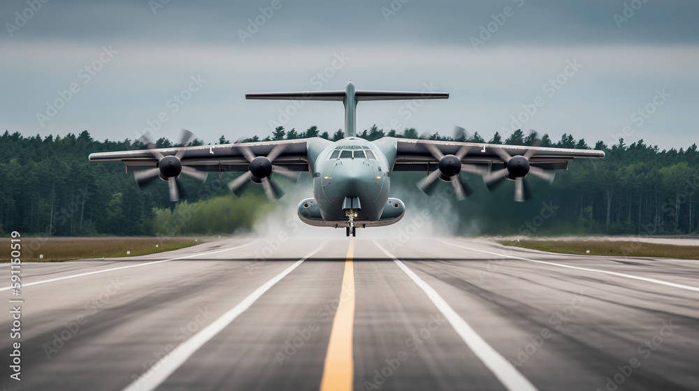 Military Aviation, a Military Airplane Landing on a Runway Surrounded ...