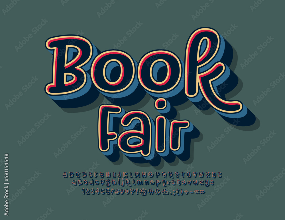 Vector artistic flyer Book Fair with handwritten 3D Font. Trendy set of ...