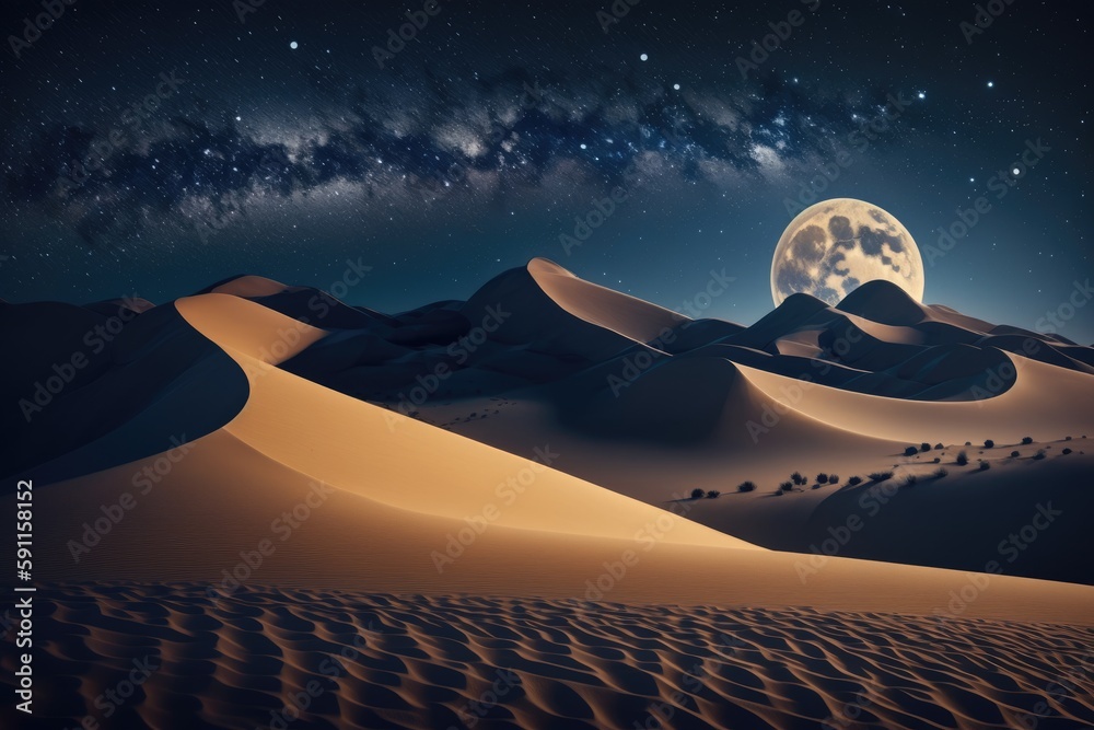 Desert sand dunes at night with full moon Stock Illustration | Adobe Stock